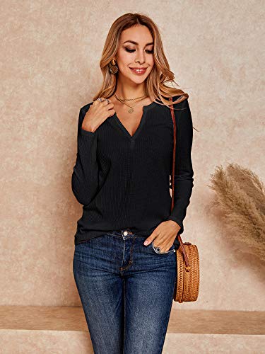 Womens V Neck Waffle Knit Shirts Long Sleeve Loose Fitting Warm Tee Tops Sweaters Pullovers Black