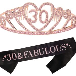 MEANT2TOBE 30th Birthday Sash and Tiara for Women - Fabulous Glitter Sash + Gravity Rhinestone Pink Premium Metal Tiara for Her, 30th Birthday Gifts for 30 Party