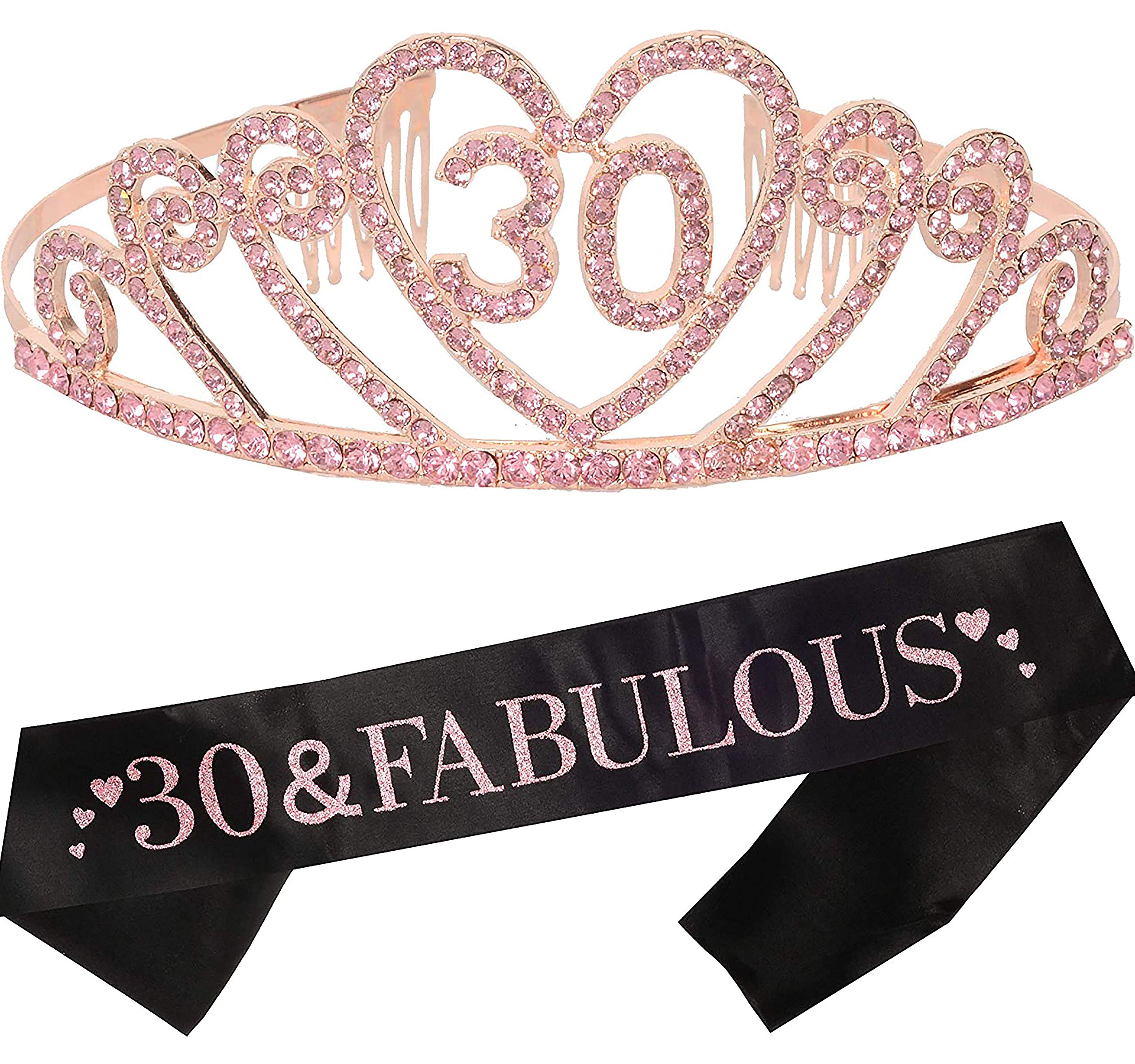 MEANT2TOBE 30th Birthday Sash and Tiara for Women - Fabulous Glitter Sash + Gravity Rhinestone Pink Premium Metal Tiara for Her, 30th Birthday Gifts for 30 Party