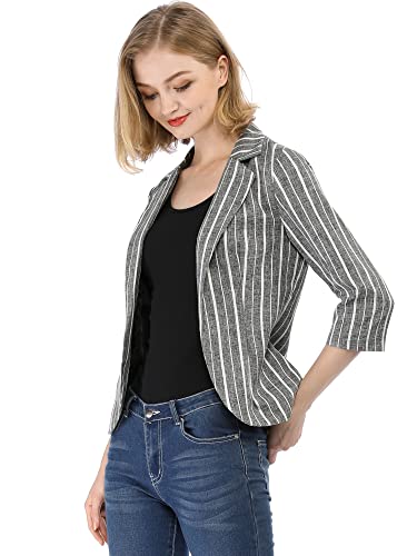 Allegra K Women's Striped 3/4 Sleeves Open Front Notched Lapel Blazer M Black