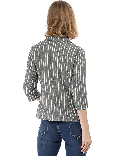 Allegra K Women's Striped 3/4 Sleeves Open Front Notched Lapel Blazer M Black