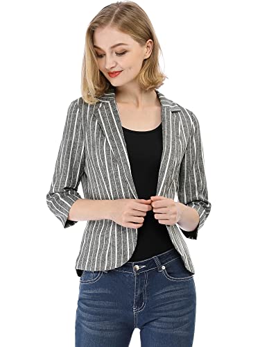 Allegra K Women's Striped 3/4 Sleeves Open Front Notched Lapel Blazer M Black