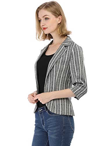 Allegra K Women's Striped 3/4 Sleeves Open Front Notched Lapel Blazer M Black