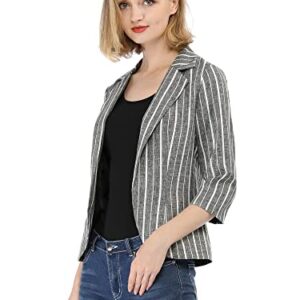 Allegra K Women's Striped 3/4 Sleeves Open Front Notched Lapel Blazer M Black