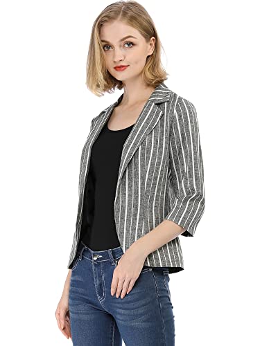 Allegra K Women's Striped 3/4 Sleeves Open Front Notched Lapel Blazer M Black