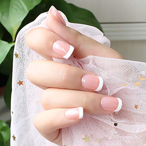 Yokilly Natural French Acrylic False Nails Kit Including 12 Different Size Short Press on False Nails,Pink White Nails Tips Sets with Nail Glue Stickers,Files and Stick (120 Pcs)