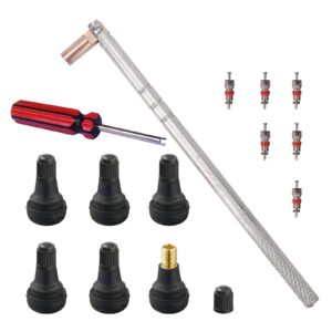 febrytold tire valve stem tool remover & installation, 6 pcs tr412 snap-in valve stems with valve stem cores, 1 pcs single head tire valve core remover installer tool (14 pcs)