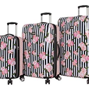 Betsey Johnson Designer Luggage Collection - Expandable 3 Piece Hardside Lightweight Spinner Suitcase Set (Stripe Roses)