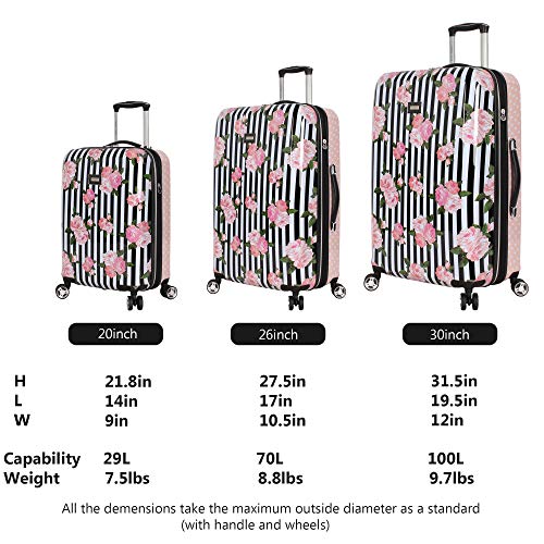 Betsey Johnson Designer Luggage Collection - Expandable 3 Piece Hardside Lightweight Spinner Suitcase Set (Stripe Roses)