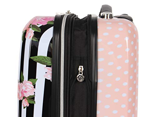 Betsey Johnson Designer Luggage Collection - Expandable 3 Piece Hardside Lightweight Spinner Suitcase Set (Stripe Roses)