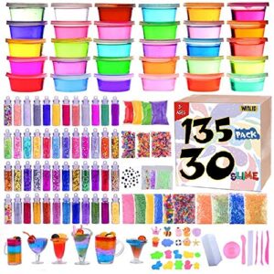 Slime Supplies Kit, 135 Pack Slime Making Kit 30 Crystal Slime, Glitter Jars, Charms, Sugar Paper, Foam Beads, Fishbowl Beads, Toy Cups, Slices, Air Dry Clay and Tools for Kids Girls by WINLIP