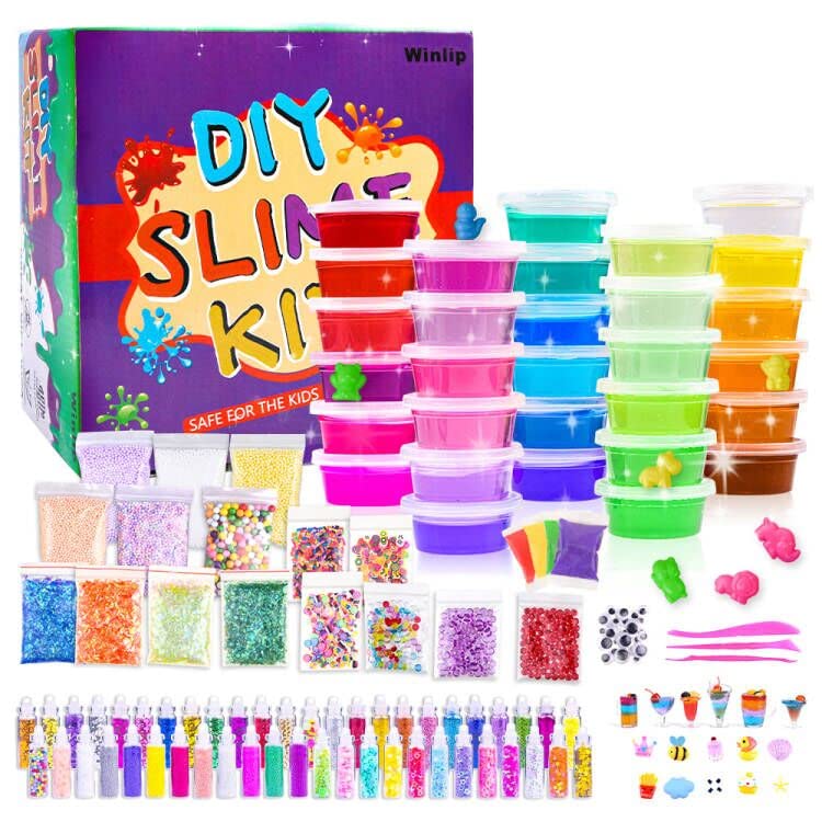 Slime Supplies Kit, 135 Pack Slime Making Kit 30 Crystal Slime, Glitter Jars, Charms, Sugar Paper, Foam Beads, Fishbowl Beads, Toy Cups, Slices, Air Dry Clay and Tools for Kids Girls by WINLIP