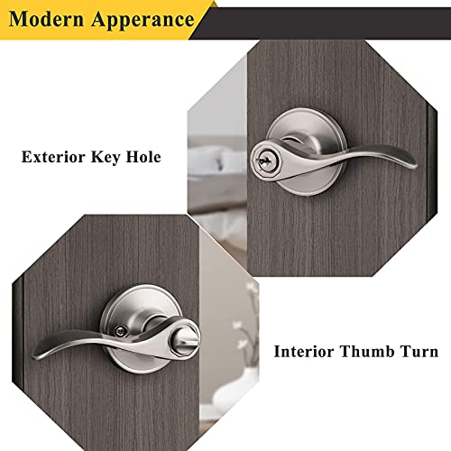 Probrico (4 Pack Wave Style Keyed Alike Entry Levers, Keyed Reversible Door Handles with Lock and Same Keys, Exterior Interior Entry Locks in Satin Nickel Finish