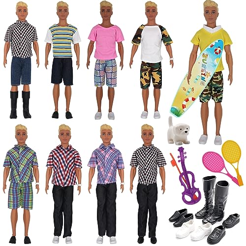 EuTengHao 25Pcs Doll Clothes and Accessories for 12 Inch Boy Dolls Includes 16 Different Wear Clothes Shirt Jeans Pants Shoes for 12'' Boyfriend Doll with Dog,2 Tennis Racket,Violin and Surfboard