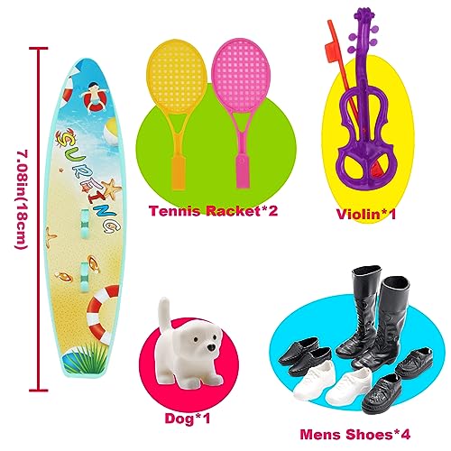 EuTengHao 25Pcs Doll Clothes and Accessories for 12 Inch Boy Dolls Includes 16 Different Wear Clothes Shirt Jeans Pants Shoes for 12'' Boyfriend Doll with Dog,2 Tennis Racket,Violin and Surfboard