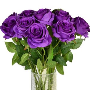 amzali artificial flowers, real looking blush fake rose long stem silk artificial rose flower home decor for bridal wedding bouquet, centerpieces birthday shower party garden floral arrangement purple