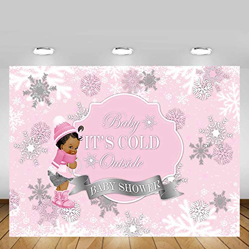 MEHOFOTO Winter Wonderland Girl Baby Shower Photography Studio Background Party Decor Silver Snowflake Pink Little Princess Baby It's Cold Outside Banner Photo Backdrop Banner 7x5ft