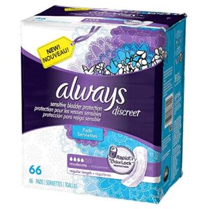 always discreet incontinence pads, moderate, regular length, 66 count - 2 pack (includes 132 pads total.)