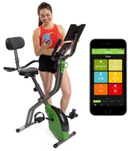 sharevgo bluetooth smart folding semi recumbent magnetic upright exercise bike with free app for indoor bike workout log and track, backrest, pulse sensors and tablet holder - sxb1000