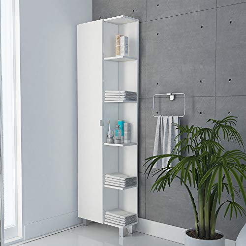 TUHOME Urano Linen Storage Cabinet Organizer with Swinging Hinge Door and 9 Shelves for Bathroom Bedroom Kitchen or Garage, White