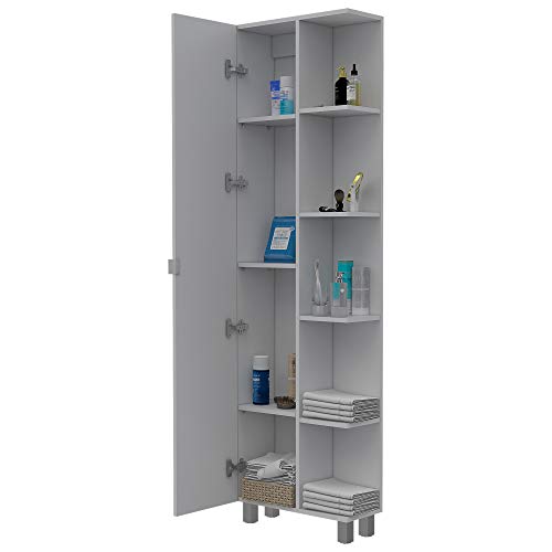 TUHOME Urano Linen Storage Cabinet Organizer with Swinging Hinge Door and 9 Shelves for Bathroom Bedroom Kitchen or Garage, White