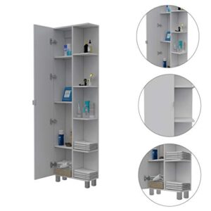 TUHOME Urano Linen Storage Cabinet Organizer with Swinging Hinge Door and 9 Shelves for Bathroom Bedroom Kitchen or Garage, White