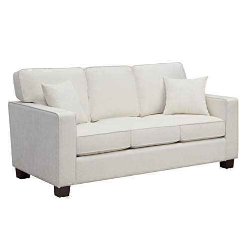 OSP Home Furnishings Russell 3 Seater Sofa with 2 Pillows and Coffee Finished Legs, Ivory