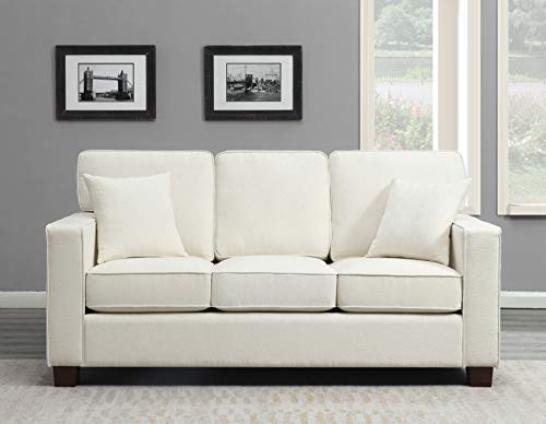 OSP Home Furnishings Russell 3 Seater Sofa with 2 Pillows and Coffee Finished Legs, Ivory