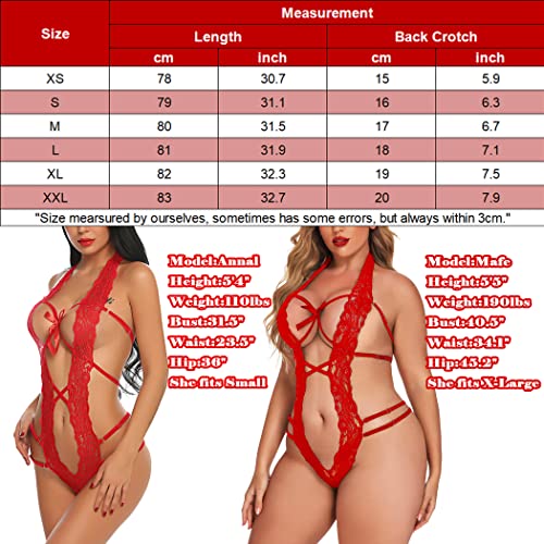 Avidlove Sexy Lingerie Women Deep V Halter Lingerie Teddy One Piece Bodysuit Lace Babydoll lingerie crotchless lace lingerie Red Large