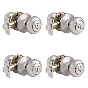 knobonly key entry door locks with same keys, front door knob, exterior door handle for storeroom/bedroom/bathroom door, satin nickel finish 4 pack