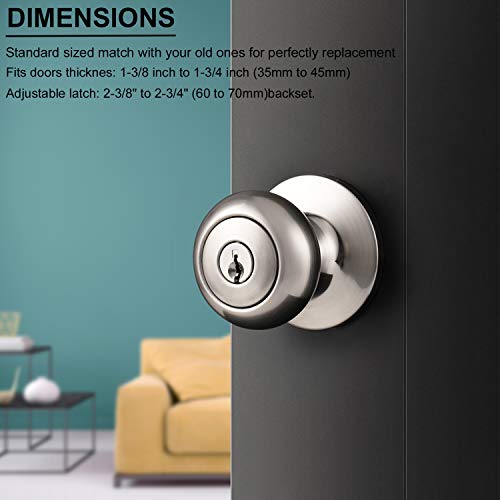 Knobonly Key Entry Door Locks with Same Keys, Front Door Knob, Exterior Door Handle for Storeroom/Bedroom/Bathroom Door, Satin Nickel Finish 4 Pack