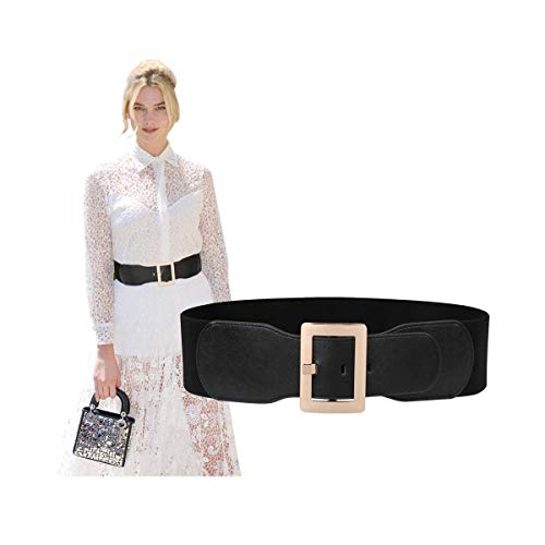 SUOSDEY Wide Elastic Belt for Women, Stretch Cinch Waist Belt for Ladies Dresses with Metal Buckle,black belt with gold buckle