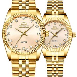 MASTOP Couple Watches Classic Golden Stainless Steel Watch His and Hers Waterproof Quartz Watch (Full Gold)