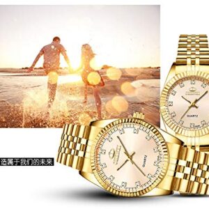 MASTOP Couple Watches Classic Golden Stainless Steel Watch His and Hers Waterproof Quartz Watch (Full Gold)