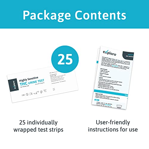 Exploro Highly Sensitive THC Urine Drug Test - When You Flush Your System of Weed and do Detox for Marijuana at Home Drugtest 25 Strips Marijuana, Edibles Testing Kit