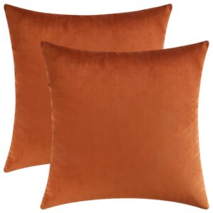 mixhug set of 2 cozy velvet square decorative throw pillow covers for couch and bed, burnt orange, 18 x 18 inches