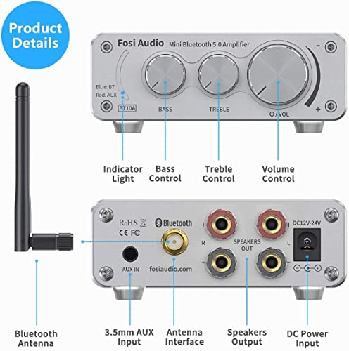 Fosi Audio BT10A-S Bluetooth 5.0 Stereo Audio Receiver Amplifier 100W TPA3116 2 Channel Mini Hi-Fi Class D Integrated Amp for Home Passive Speakers with Power Supply