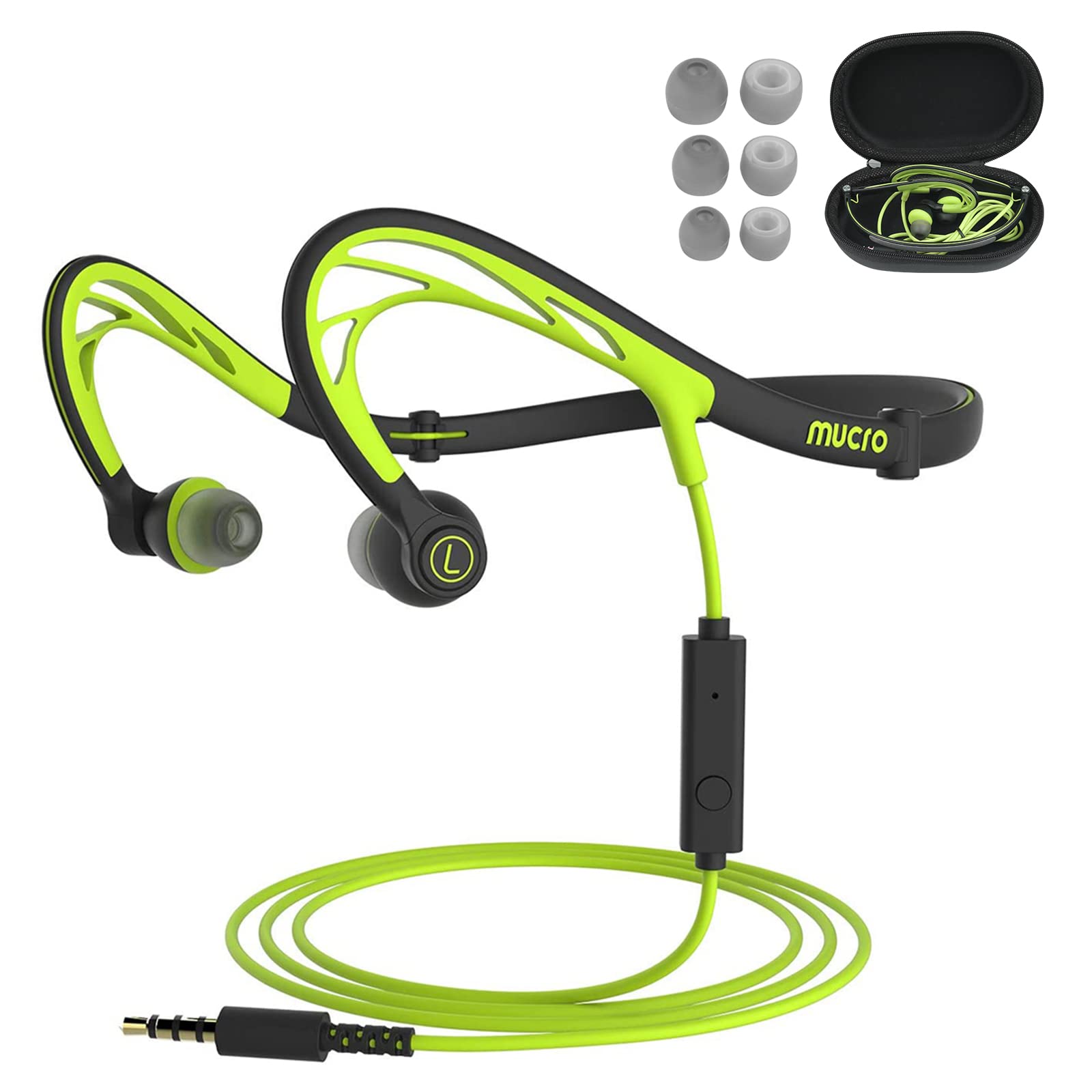 mucro Sports Earbuds Wired Running Headphones with Microphone, Neckband in-Ear Stereo Workout Earphones Designed for Jogging Gym Headsets,Green