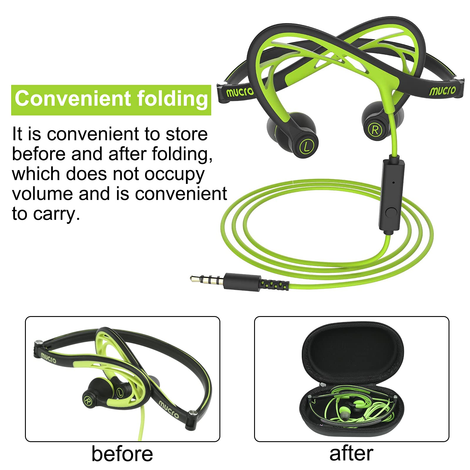 mucro Sports Earbuds Wired Running Headphones with Microphone, Neckband in-Ear Stereo Workout Earphones Designed for Jogging Gym Headsets,Green