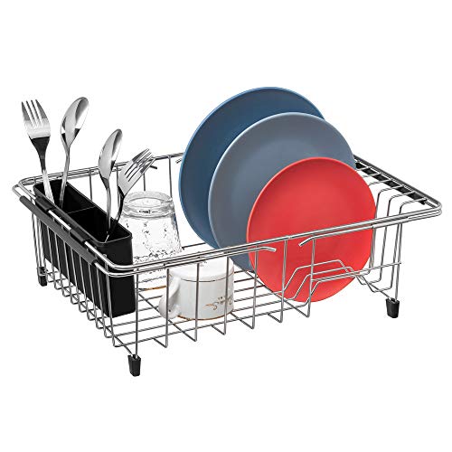 SANNO Large Expandable Dish Drying Rack, Large Dish Rack Adjustable Deep Dish Drainer with Removable Silverware Holder, Deep Large Dish Rack in Sink On Counter,Dish Drainers Stainless Steel