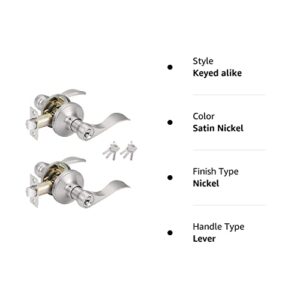 Probrico (2 Pack Wave Style Keyed Alike Entry Levers, Exterior Interior Satin Nickel Keyed Door Handles with Lock and Same Keys, Reversible for Right Left Handed Doors