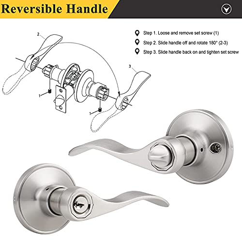 Probrico (2 Pack Wave Style Keyed Alike Entry Levers, Exterior Interior Satin Nickel Keyed Door Handles with Lock and Same Keys, Reversible for Right Left Handed Doors