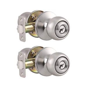 probrico (2 pack keyed alike locks for exterior and interior doors, brushed nickel stainless steel entrance door knobs round ball keyed entry door knobs with same keys for bedroom bathroom