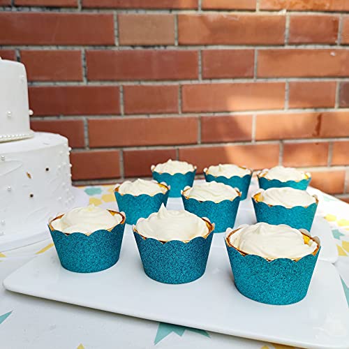 Mybbshower Teal Glitter Scalloped Paper Cupcake Liners for Wedding Birthday Bachelorette Table Decoration Pack of 24