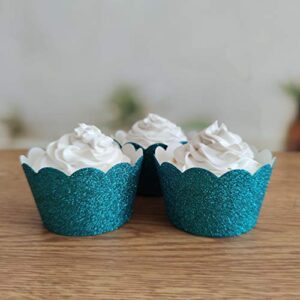 Mybbshower Teal Glitter Scalloped Paper Cupcake Liners for Wedding Birthday Bachelorette Table Decoration Pack of 24