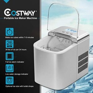 COSTWAY Countertop Ice Maker, 26LBS/24H with Self-Clean Function, LCD Display, 9 Bullet Ice/ 7 Mins, Portable and Compact Ice Machine with Ice Scoop, for Homes, Offices, Bars, Stainless Steel