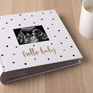 Pearhead Hello Baby Photo Album, Baby Book Keepsake for New and Expecting Parents, Gender-Neutral Baby Accessory, Holds 200 Photos, Black and Gold Polka Dot