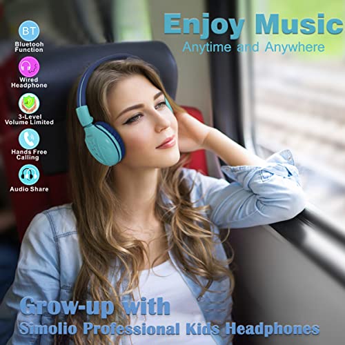 SIMOLIO Kids Bluetooth Headphones with Microphone, Wireless Childrens Headphones with Safe Volume, Foldable Adjustable Headband, Over-Ear Headphones for Boys Girls Toddler Tablet Travel Airplane Blue