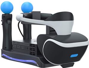 skywin psvr stand - charge, showcase, and display your ps vr headset and processor - compatible with playstation psvr - showcase and move controller charging station