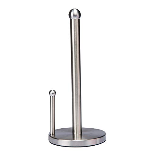 Kitchen Details Countertop Single Tear Paper Towel Holder, Free Standing, Weighted Bottom, Holds Standard Rolls, Dispenser Bar Prevents Unraveling, Stainless Steel